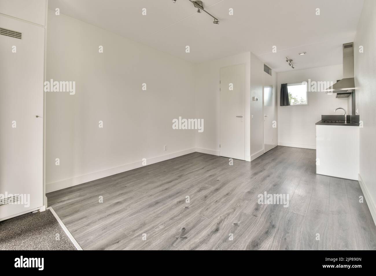 Interior of empty white kitchen with corridor and wooden parquet floor ...