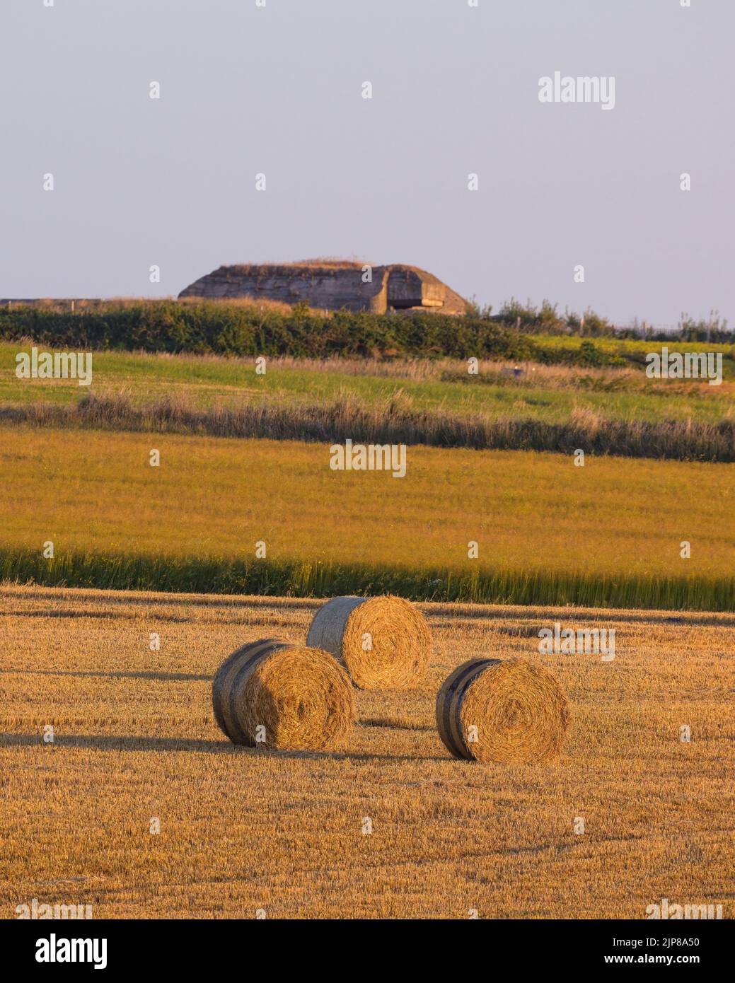 Straw bales near Cap Gris Nez (France) sunset, German bunker in ...
