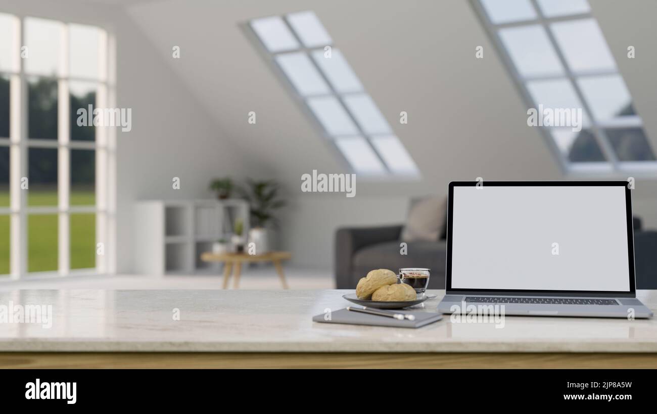 Workspace tabletop with notebook laptop white screen mockup, stationery ...