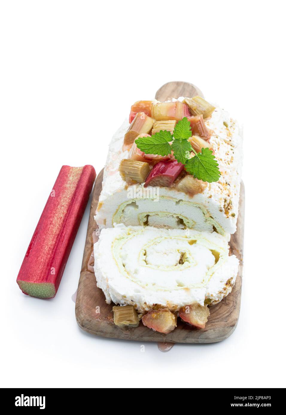 Rhubarb pavlova cake meringue pie roll isolated on white Stock Photo ...