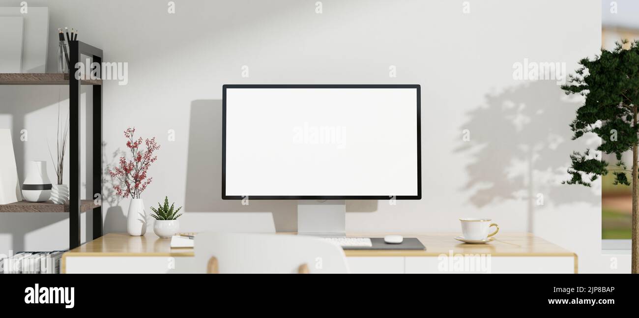 Modern white office working space interior design with blank screen ...