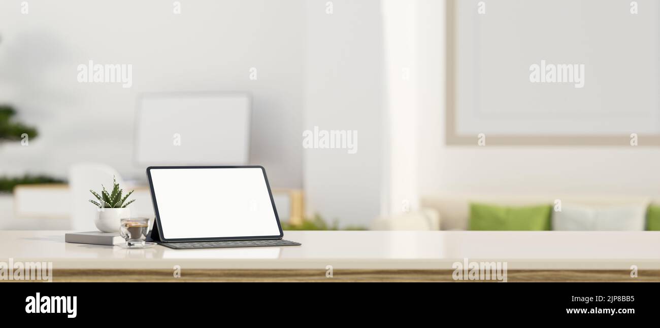 Close-up, Workspace tabletop with portable tablet touchpad white screen ...