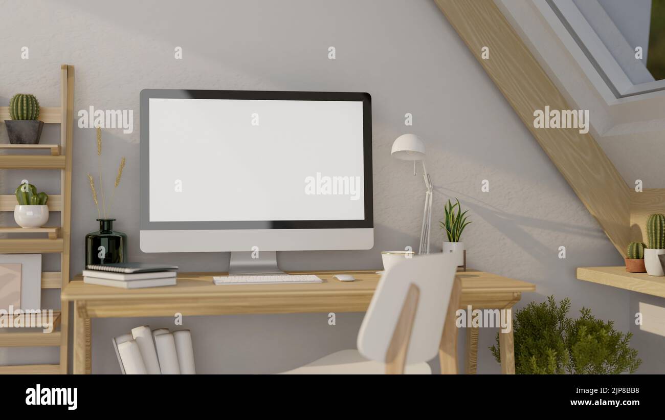Minimal Scandinavian home workplace in attic room interior design with ...