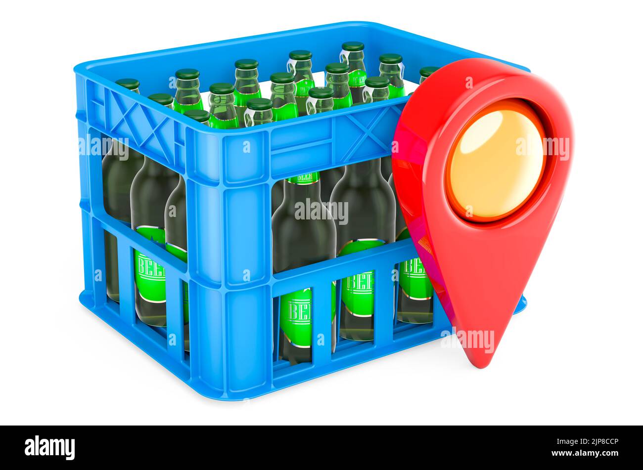 Crate full beer bottles with map pointer. 3D rendering isolated on ...