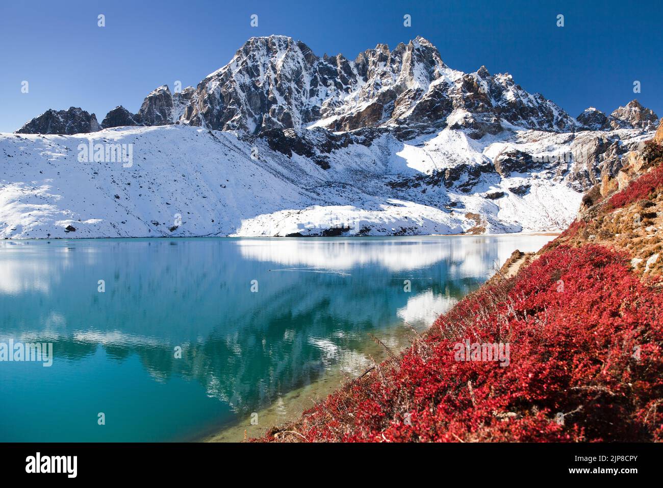 Dudh pokhari Gokyo lake and Phari Lapche peak with red shrub near Gokyo ...