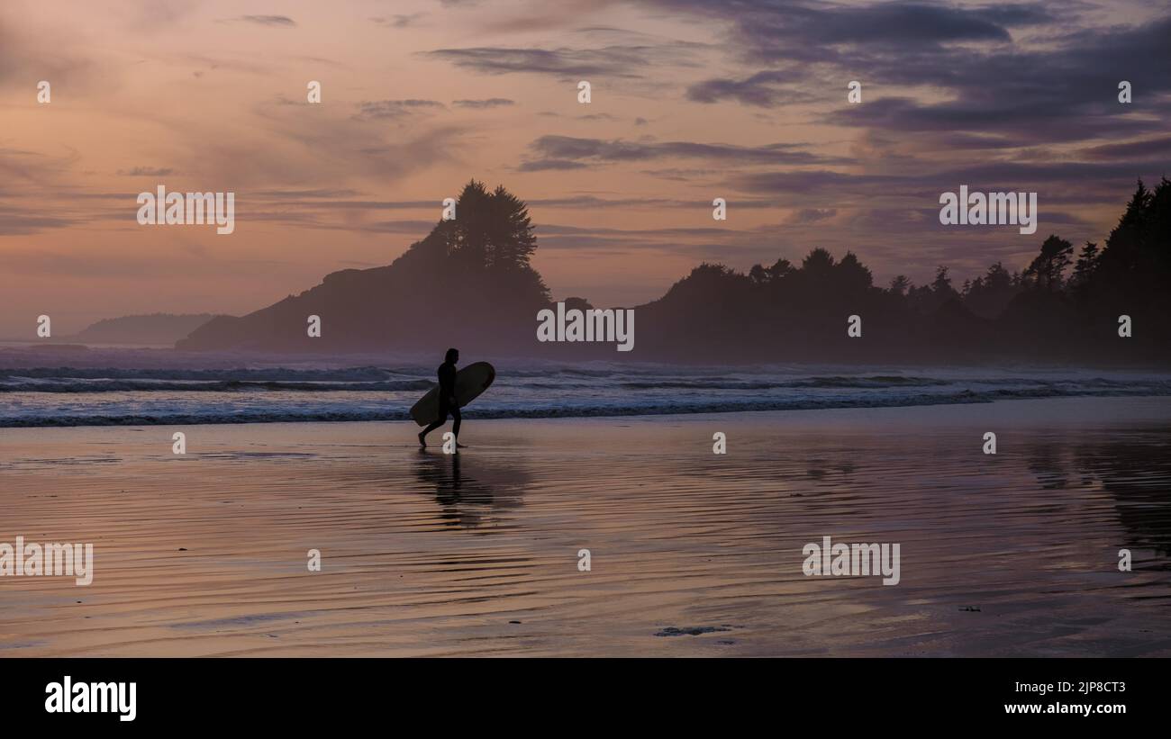 Tofino Vancouver Island Pacific rim coast, surfers with surfboard ...