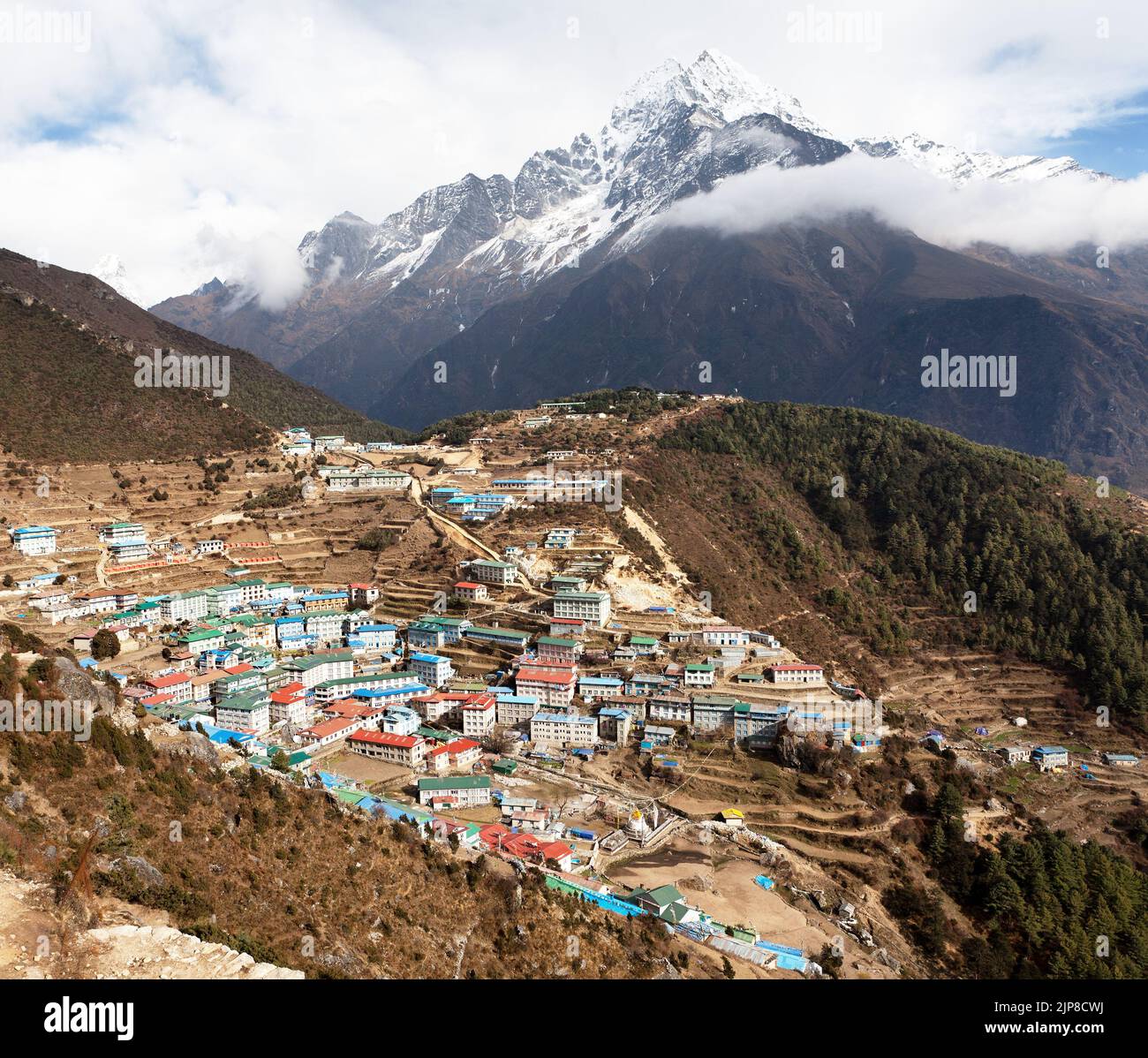 View of Namche bazar and mount thamserku - way to everest base camp ...