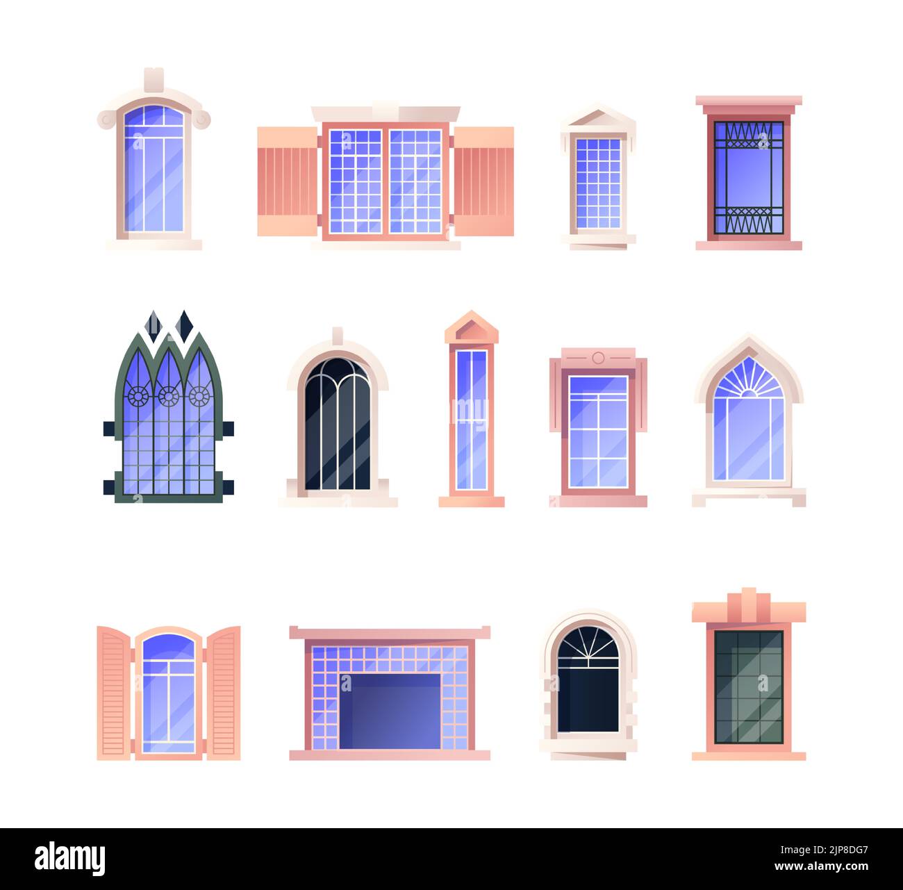 Vintage windows. Cartoon old detailed architectural exterior elements ...