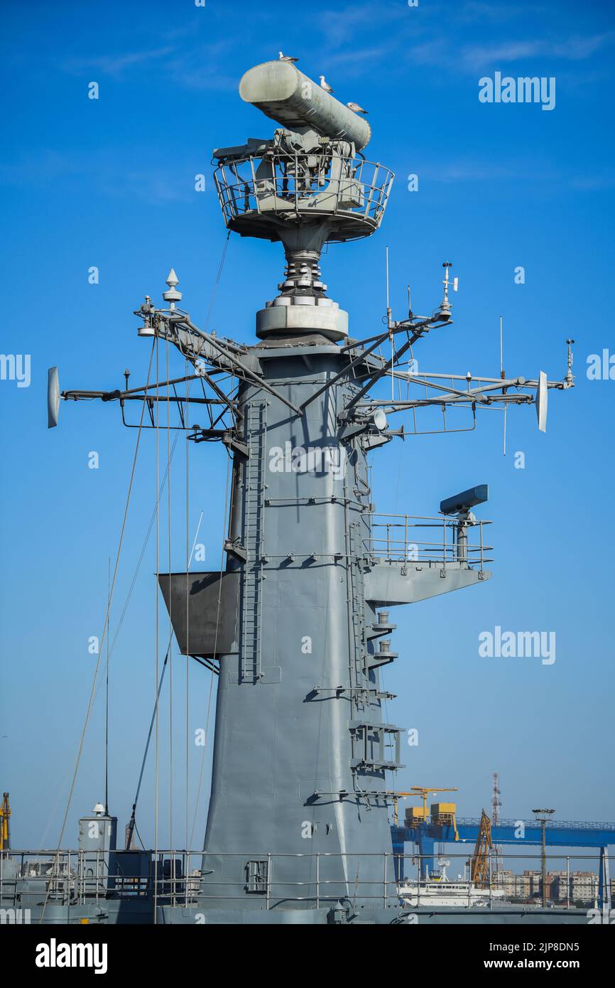 Image of a military radar air surveillance on navy ship tower Stock ...