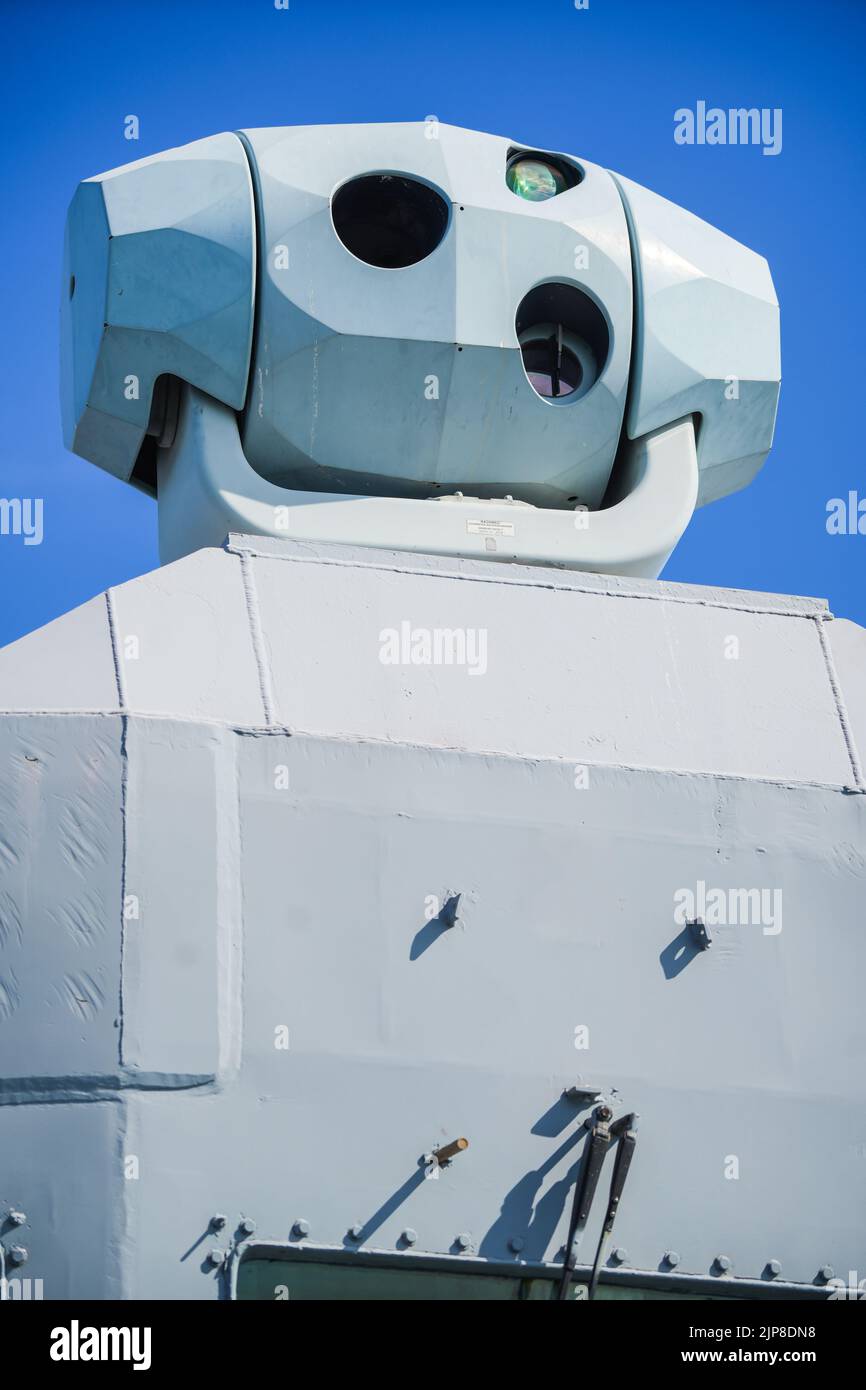 Image of a military radar air surveillance on navy ship tower Stock ...