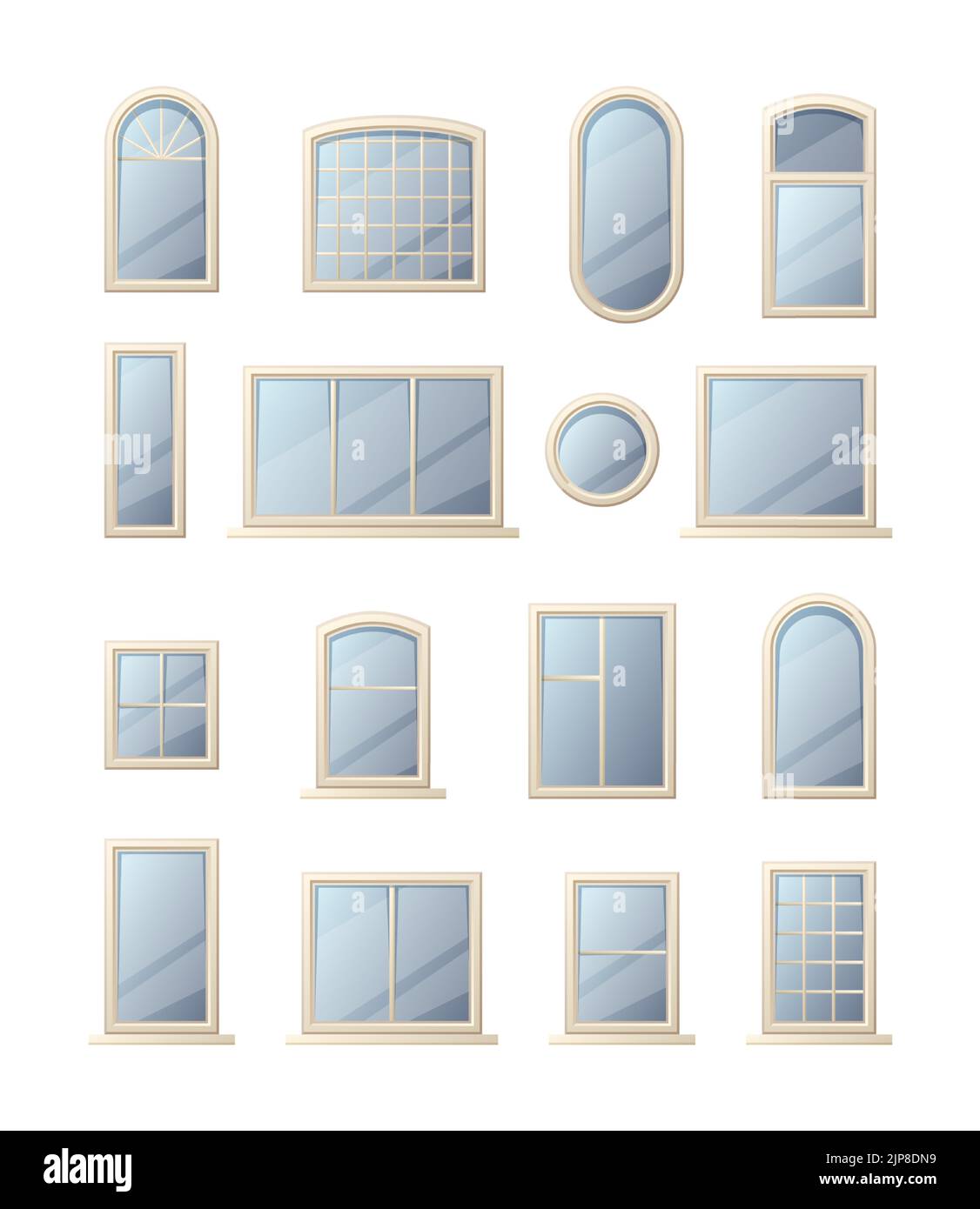 Cartoon windows. Modern home and office interior elements, round and ...