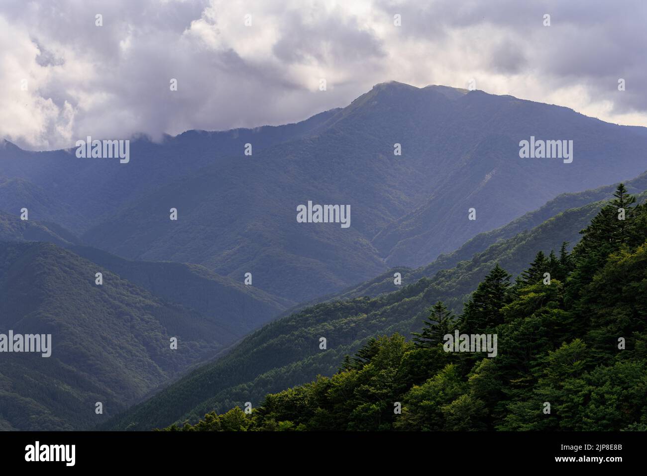Distant mountain peak and forested valley visible through haze on ...