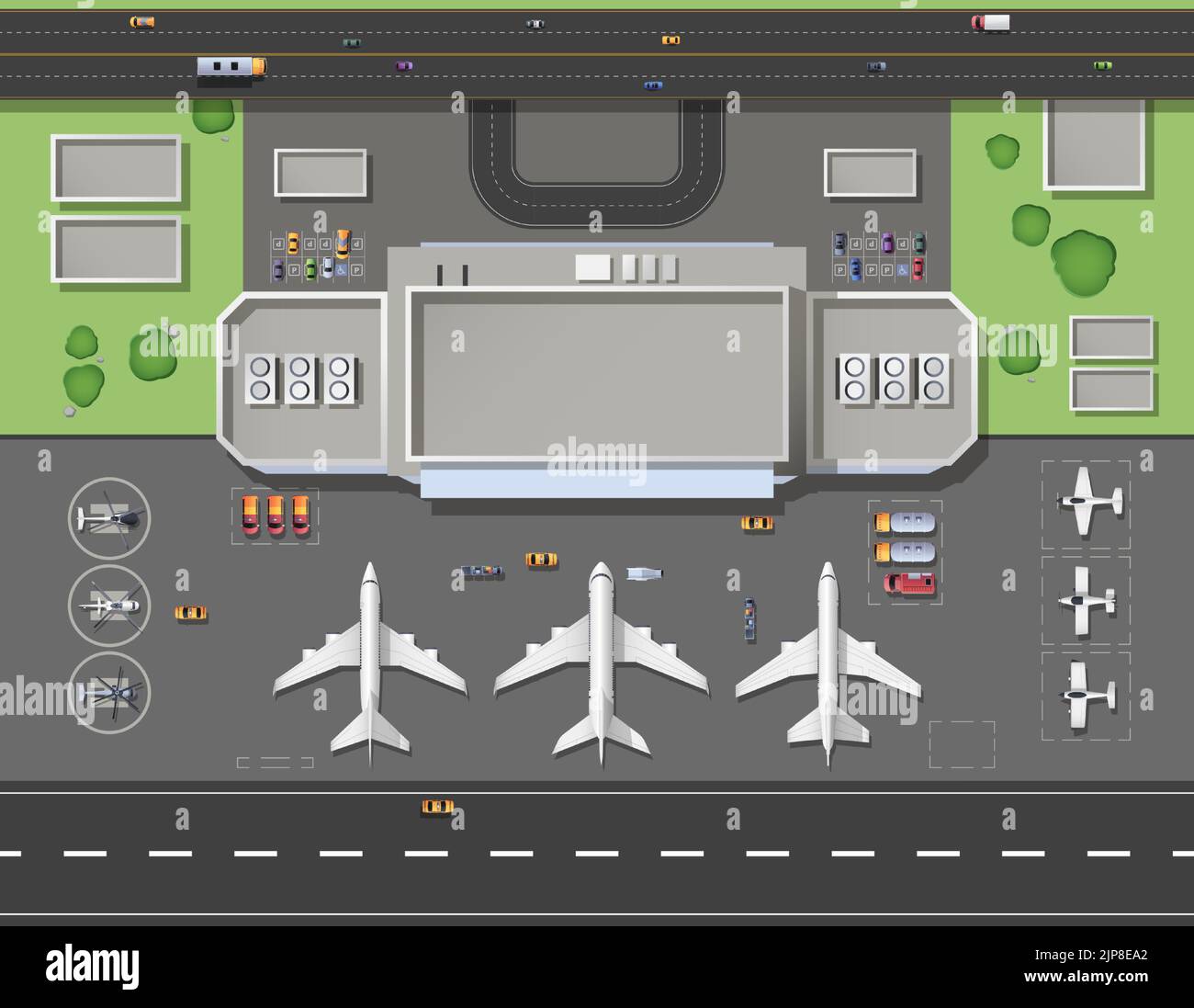 Airport terminal top view. Cartoon hangars, runway, cargo and passenger ...