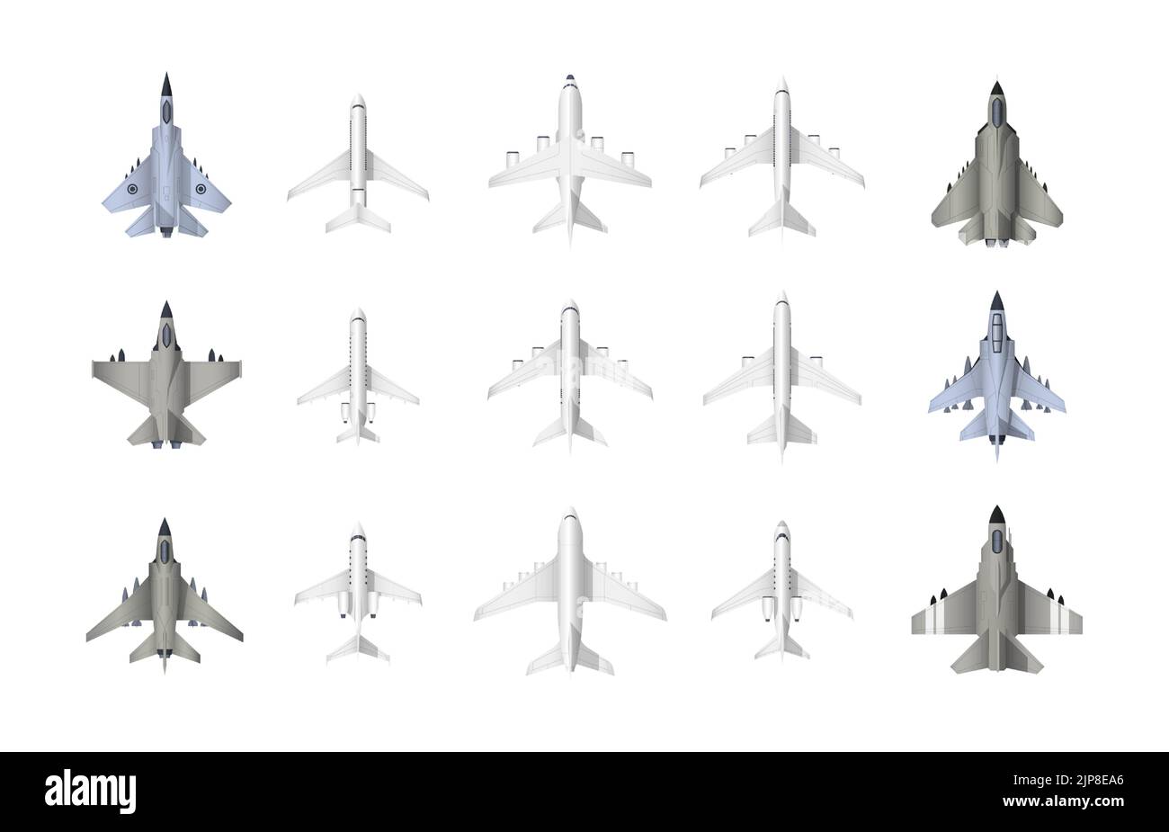 Civil and military aircraft top view. Cartoon jet fighters and civil ...