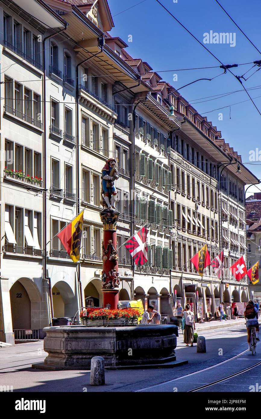 View of the pfeiferbrunnen fountain and street in the center of Bern ...