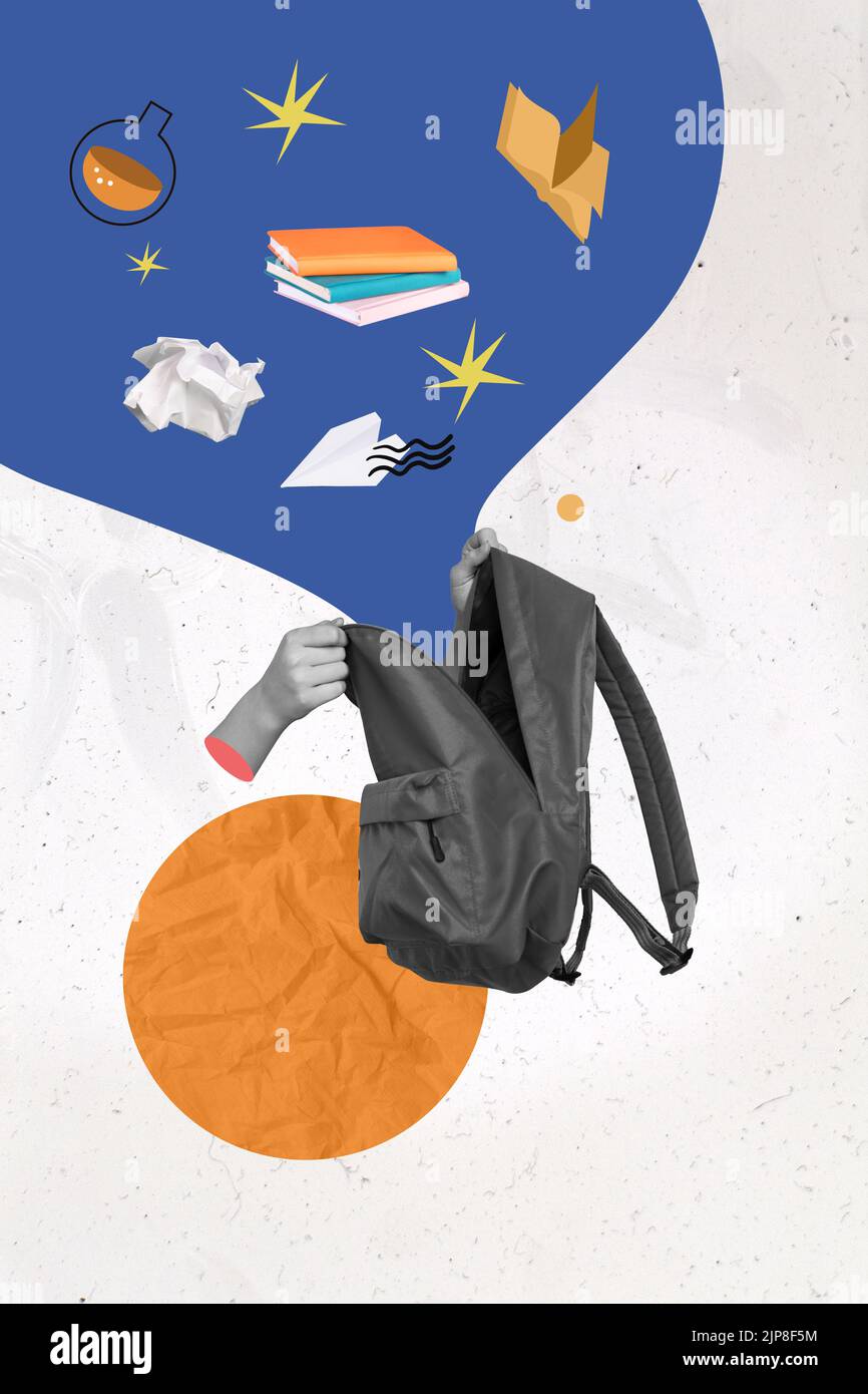 Vertical composite illustration of arms hold backpack black white ...