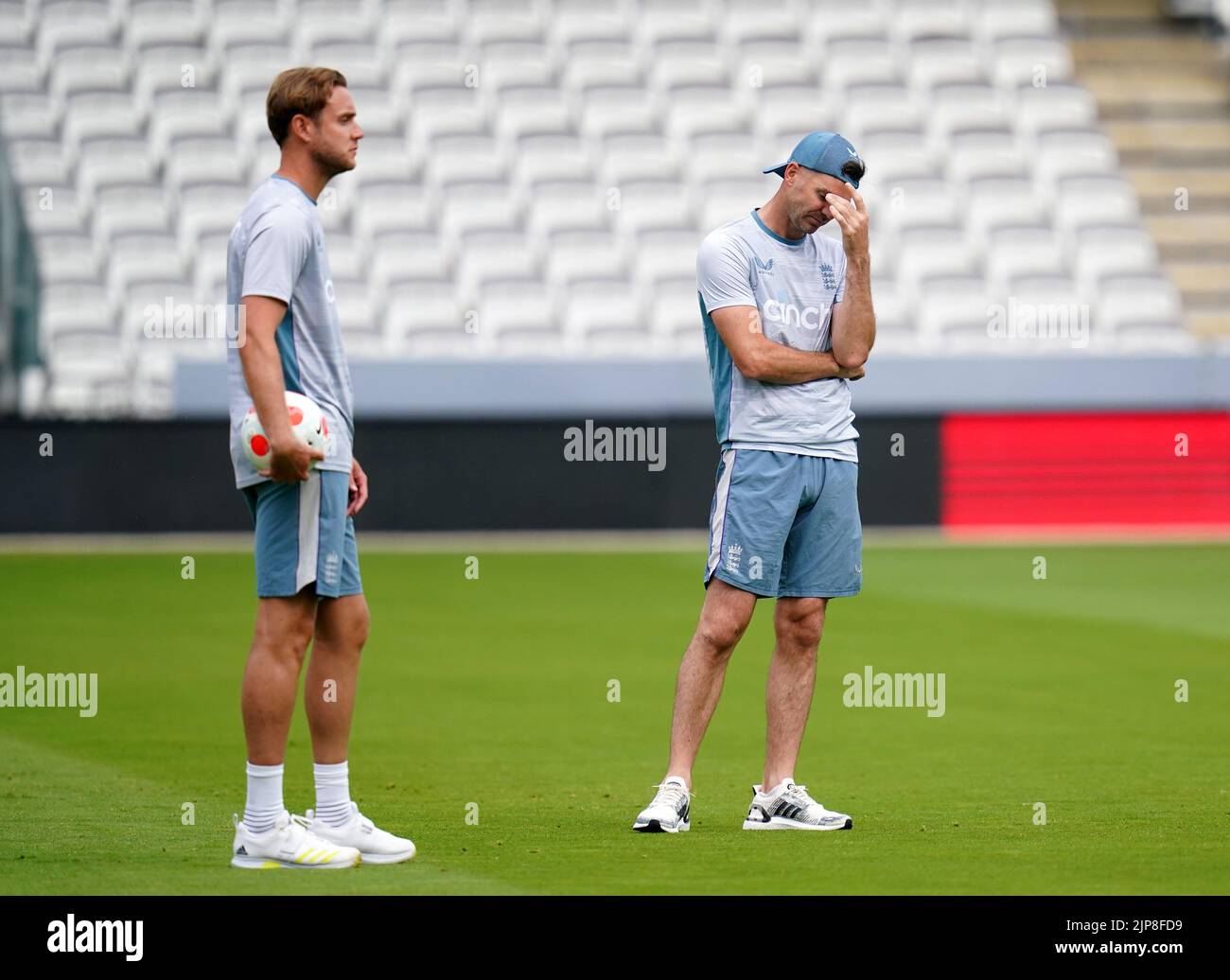 England's Stuart Broad (left) and James Anderson during a nets session ...