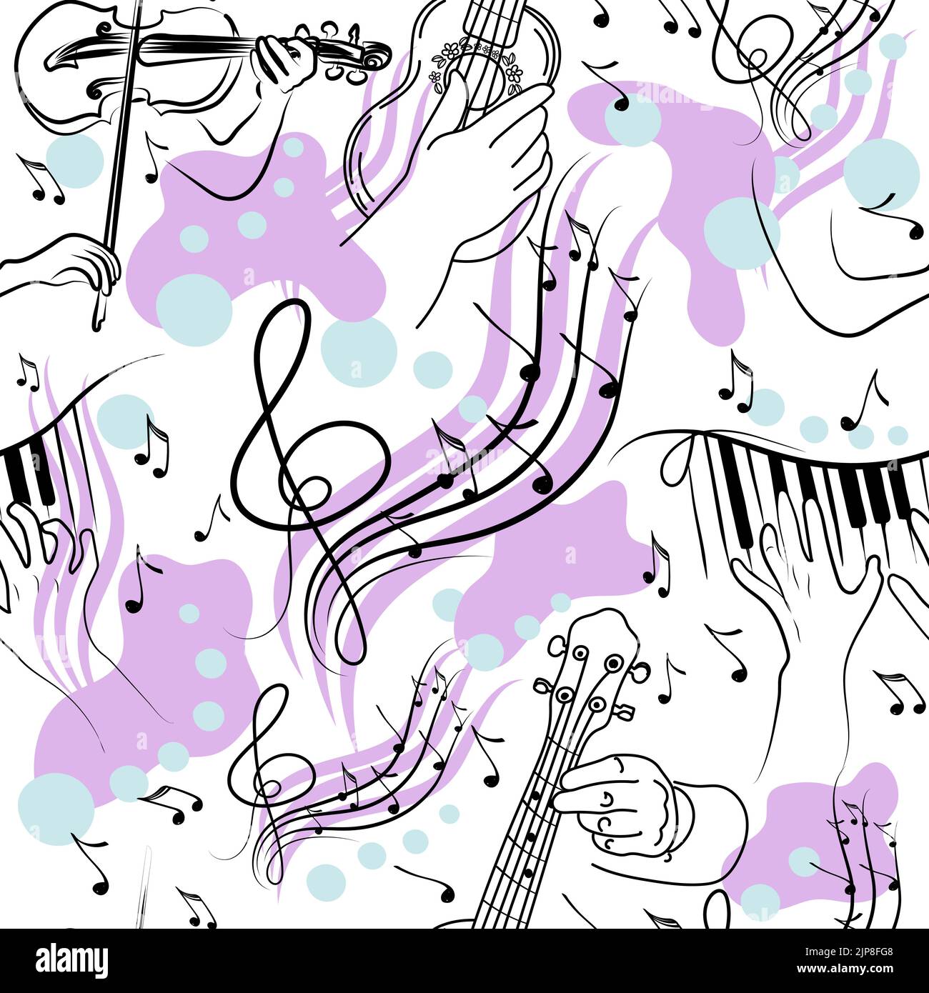 Seamless pattern of hands with musical instruments, hand-drawn doodle ...