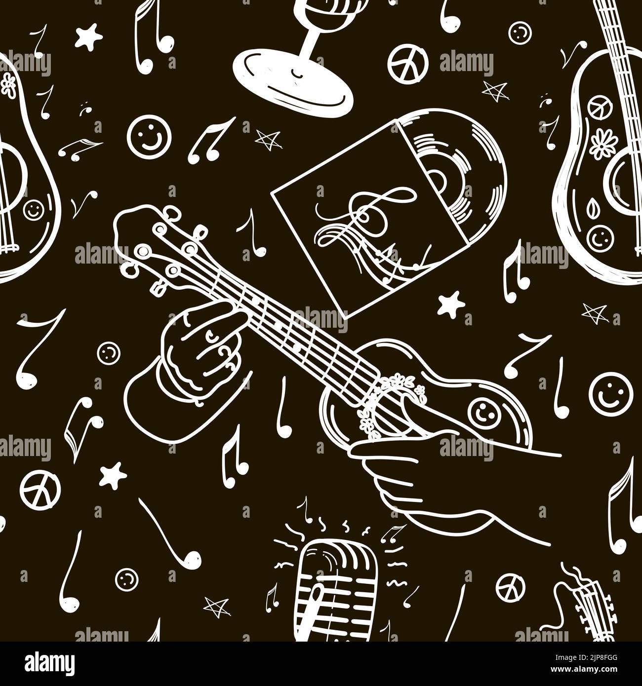 Seamless pattern of musical elements, hand-drawn doodle. Ukulele ...