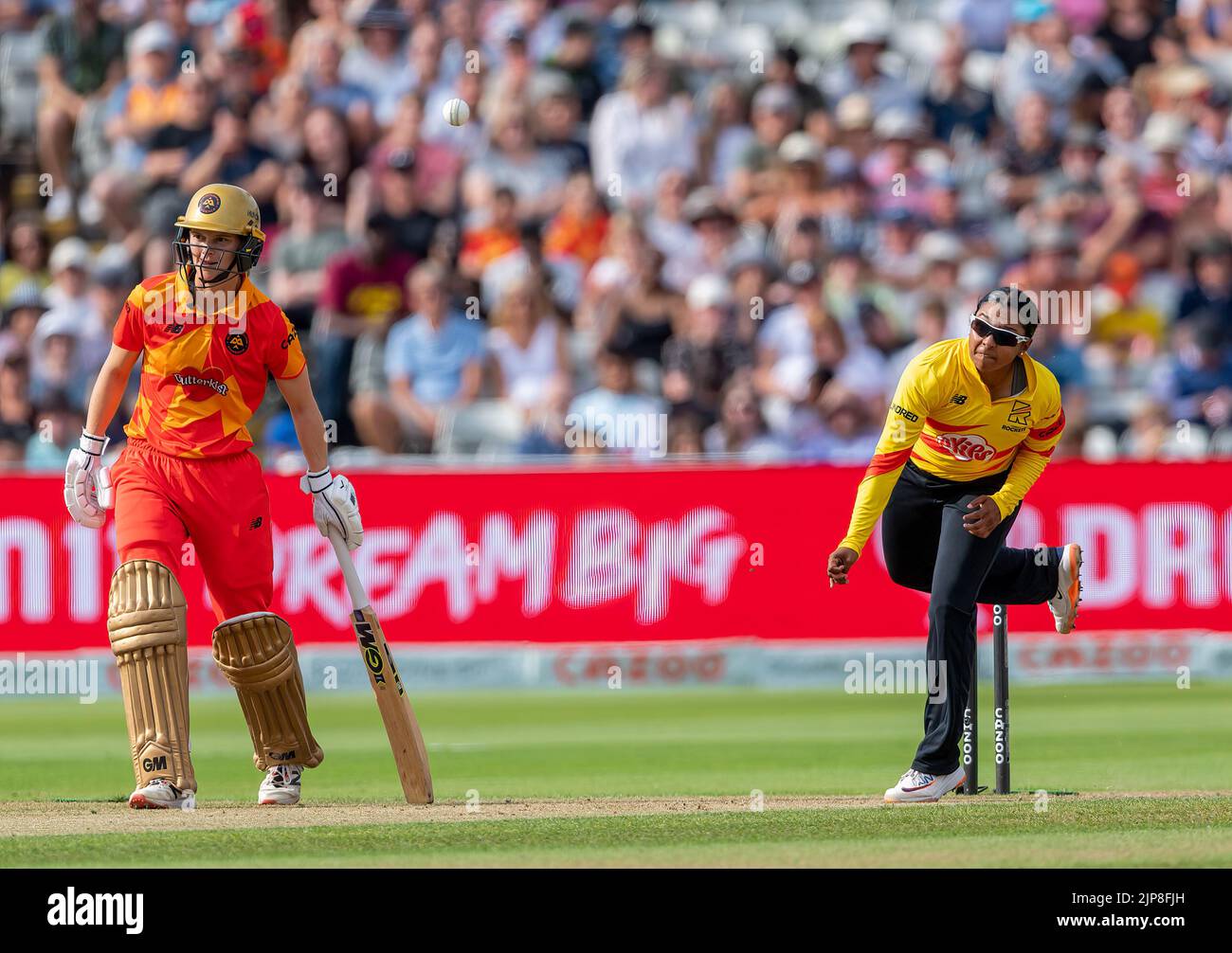 Alana King bowling for Trent Rockets watched by Amy Jones of Birmingham ...