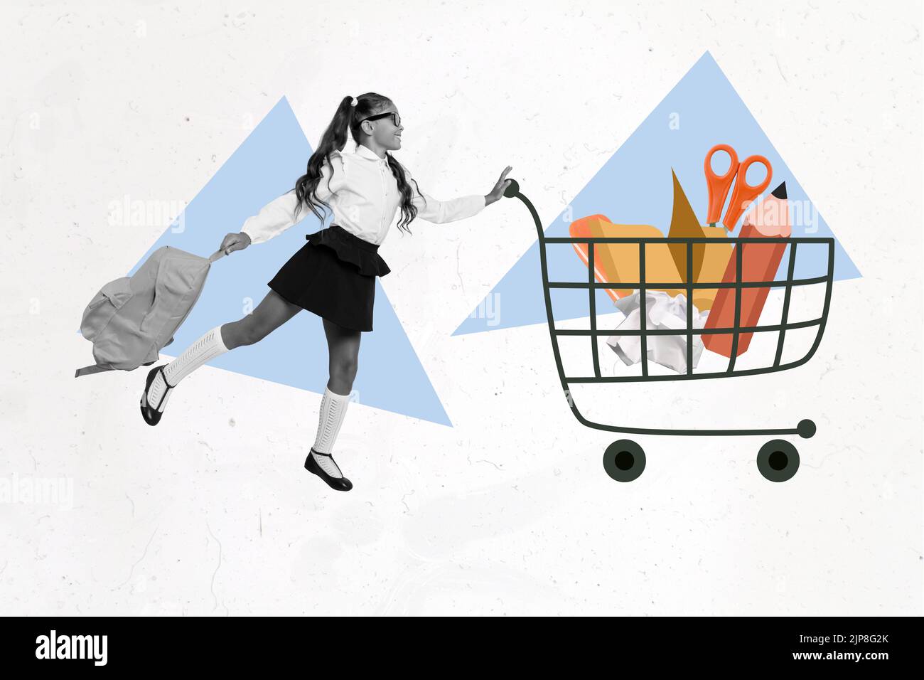 Collage image of little girl black white gamma hold bag push painted ...