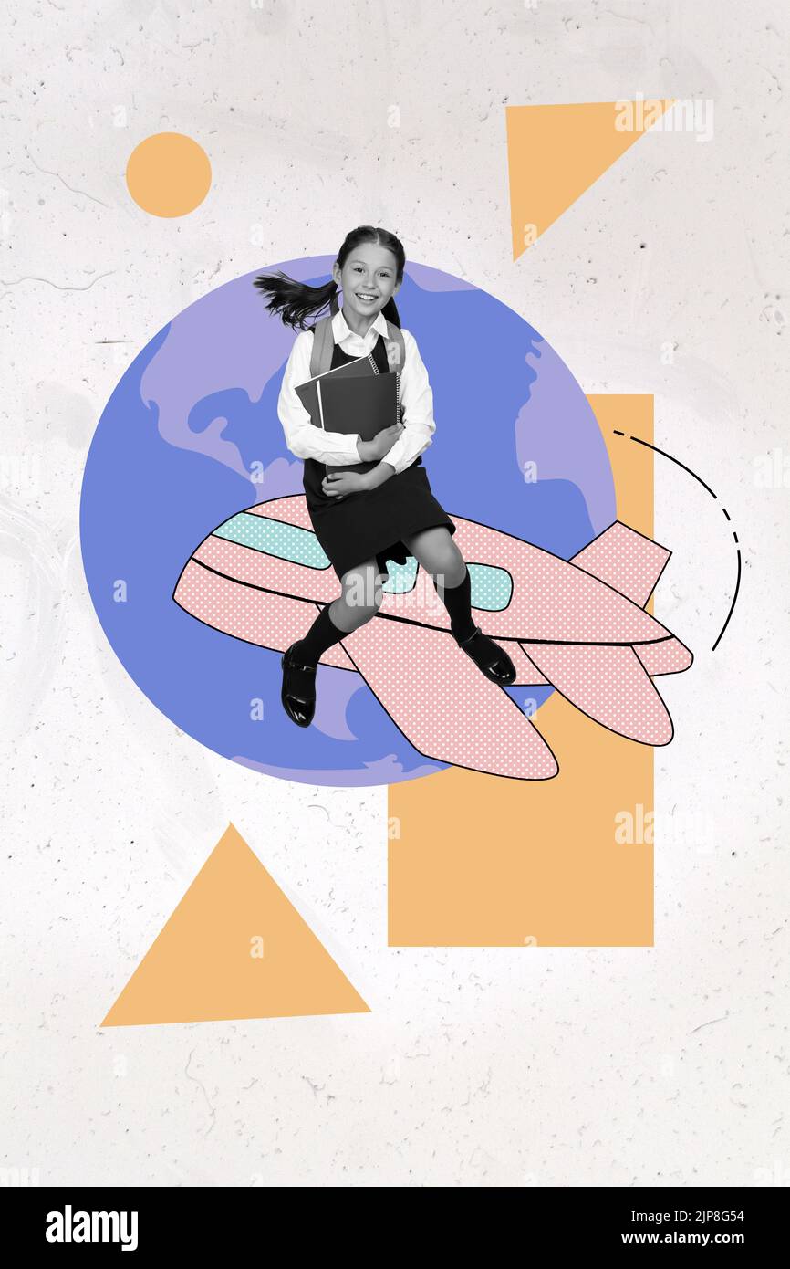 Vertical poster collage of school girl fly around world with backpack ...