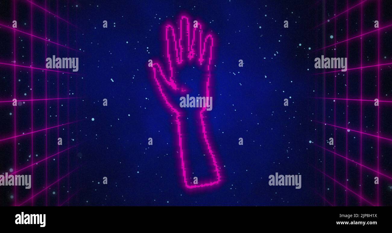 Image of holographic hand in navy digital background Stock Photo - Alamy