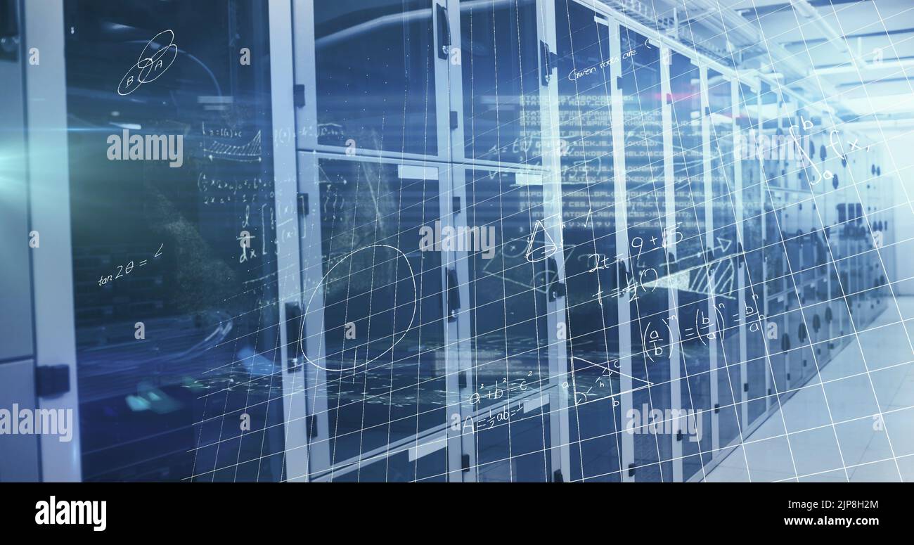 Image of processing data and maths calculations over computer server room Stock Photo - Alamy