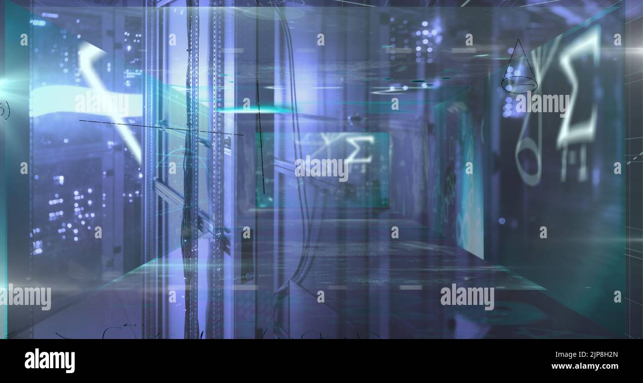 Image of prismatic ring, processing data and maths calculations over computer server room Stock ...