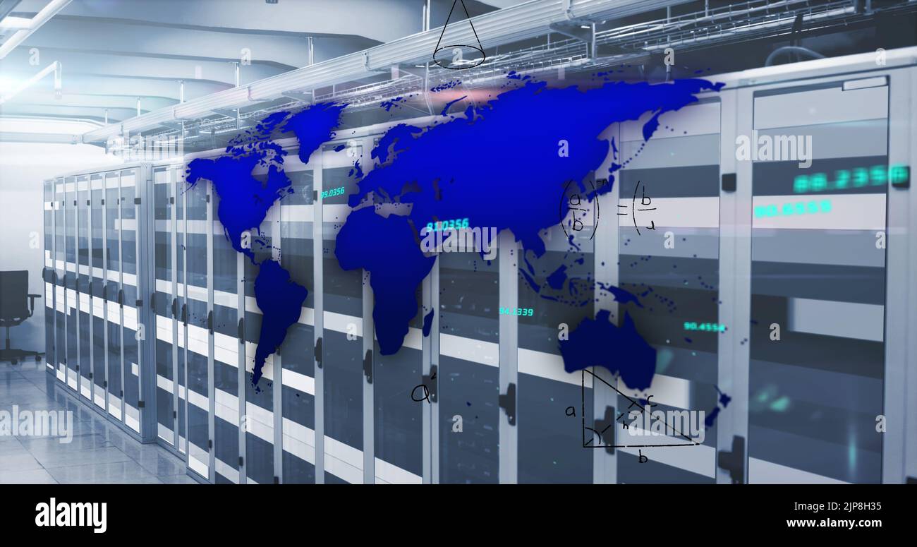 Image of blue world map, processing data and maths calculations over computer server room Stock ...