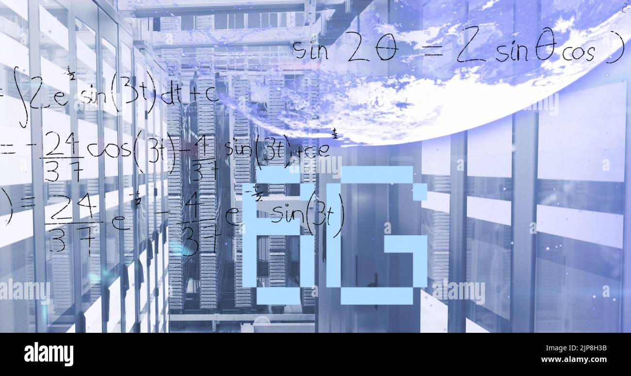 Image of 6g text, globe and maths calculations over computer server ...