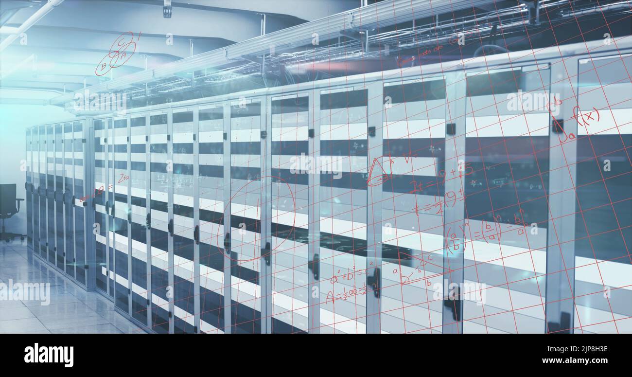 Image of processing data and maths calculations over computer server room Stock Photo - Alamy