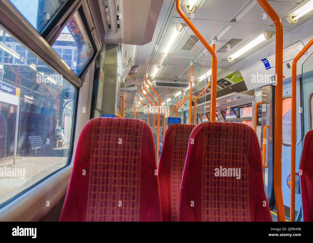 The interior of a South Western train carriage at Teddington station in ...