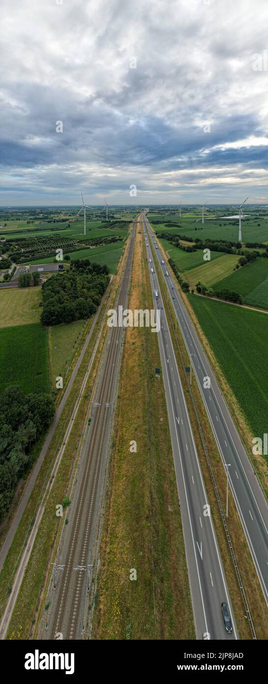 Brecht, Belgium, 6th of July, 2022, Panoramic aerial drone view of wind ...