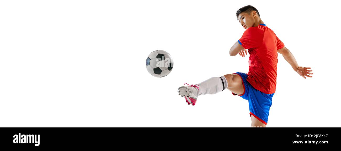 Dynamic portrait of young professional football player in motion ...