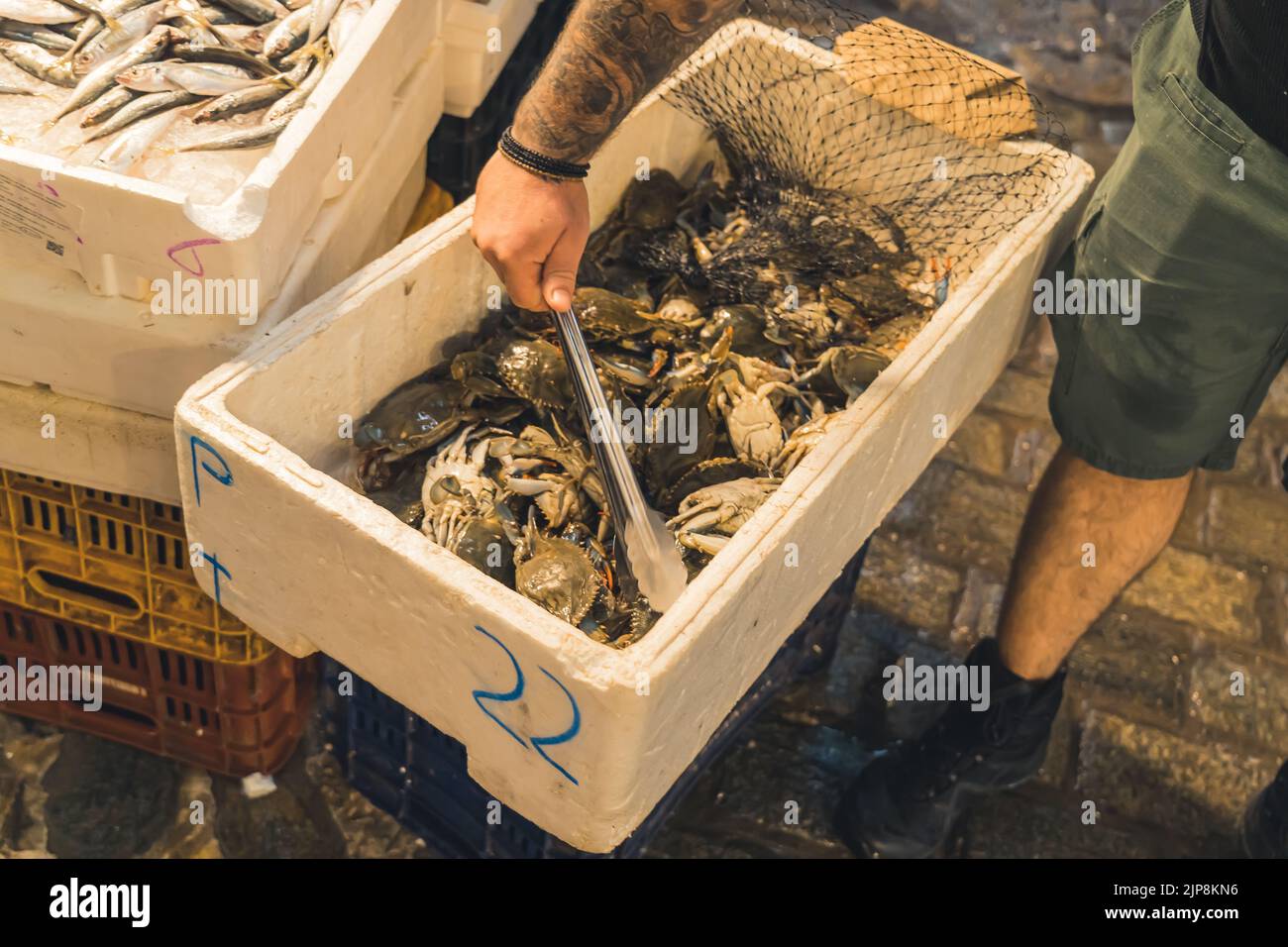 Greek Kapani Market in Thessaloniki. Unrecognizable tattooed caucasian ...