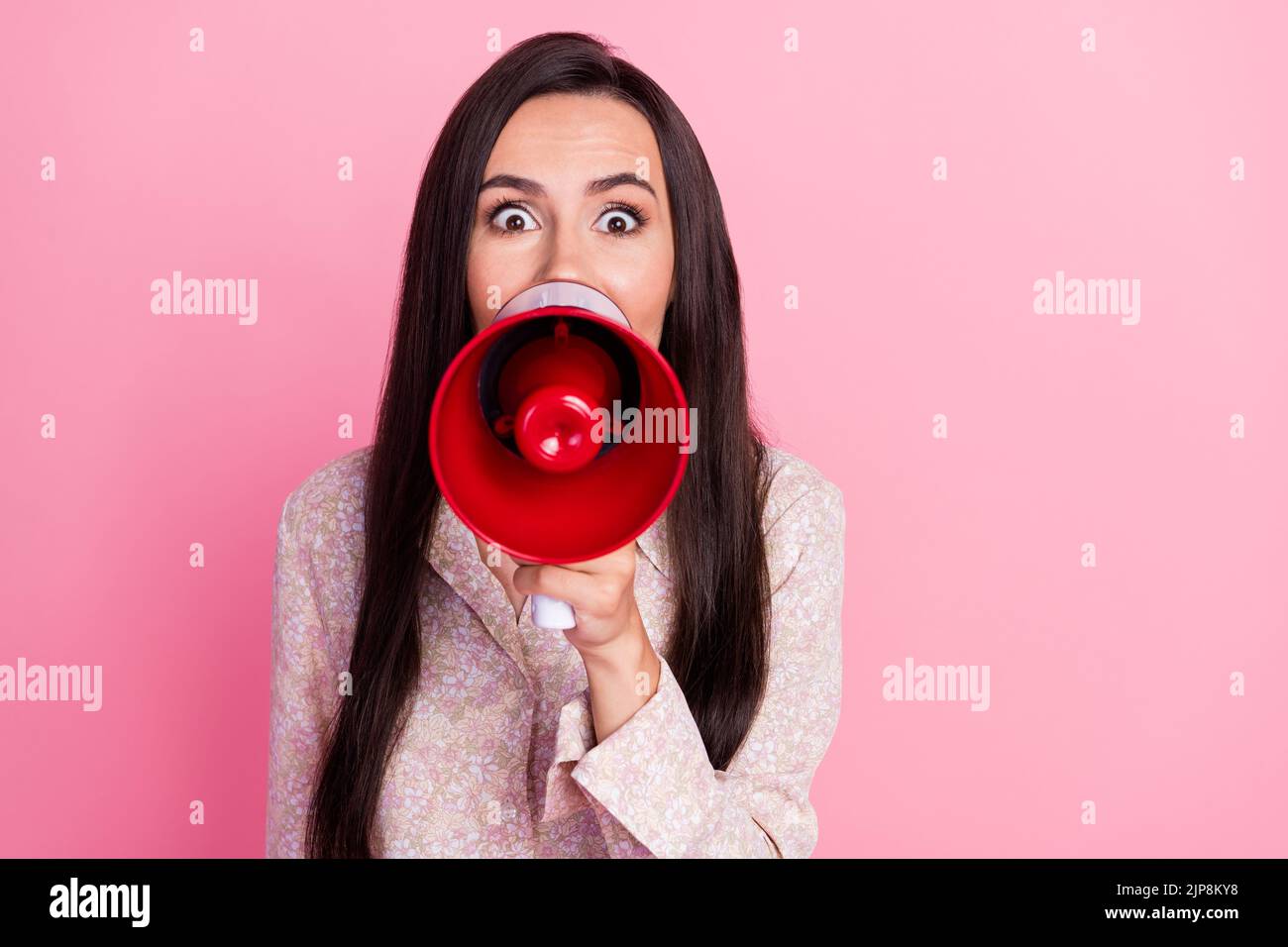 Closeup photo of young screaming megaphone lady shocked crazy activist ...