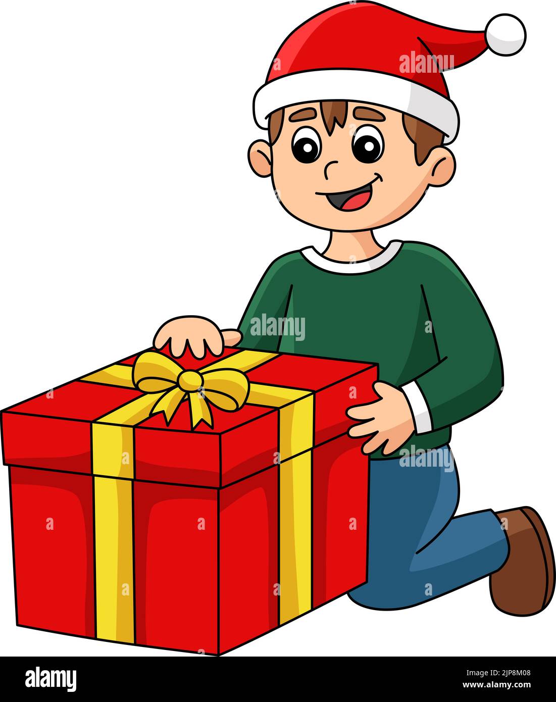 Christmas Boy Opening Gift Cartoon Colored Clipart Stock Vector Image ...