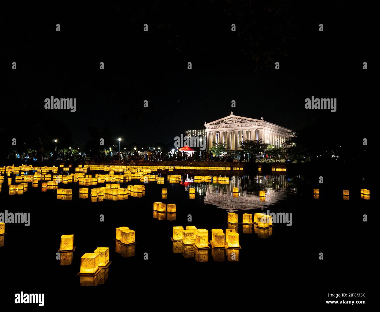A footage of Parthenon reflecting in a lake during the Nashville Water ...