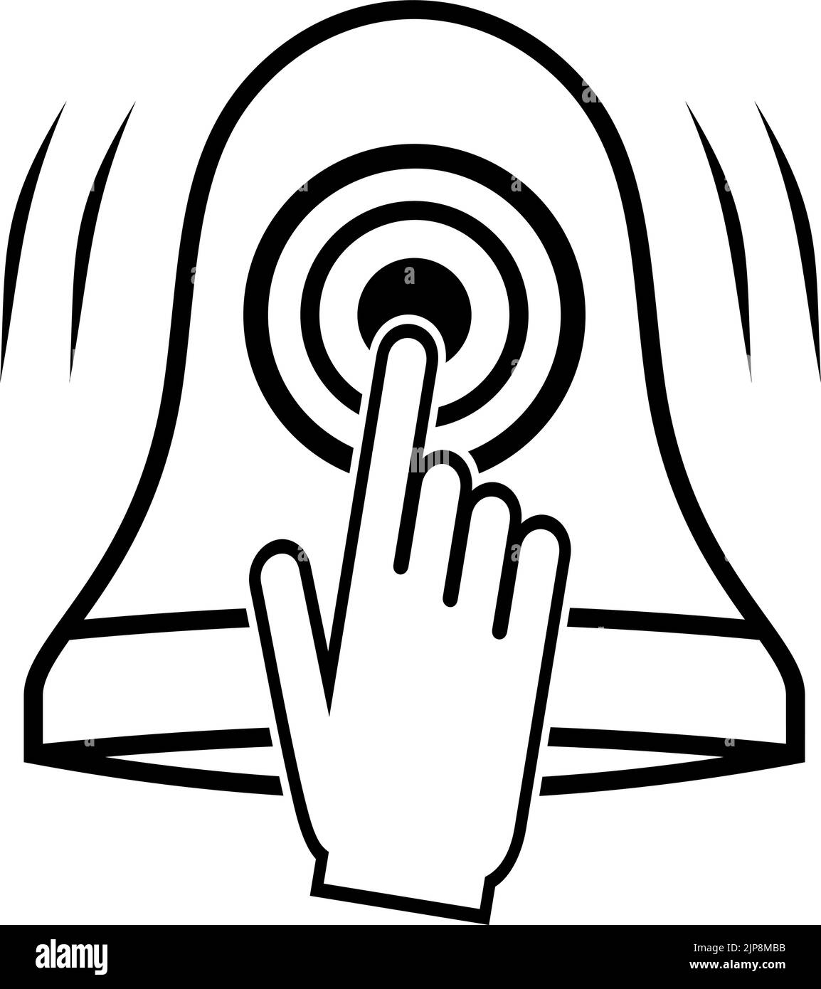 Door bell push Symbol with bell and hand in black outline. White ...