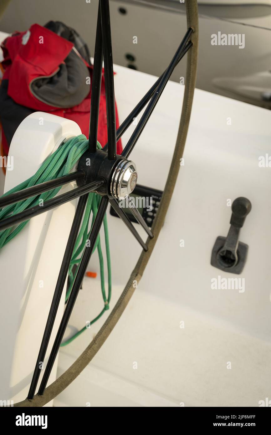 Control wheel of sailing yacht, close up Stock Photo - Alamy
