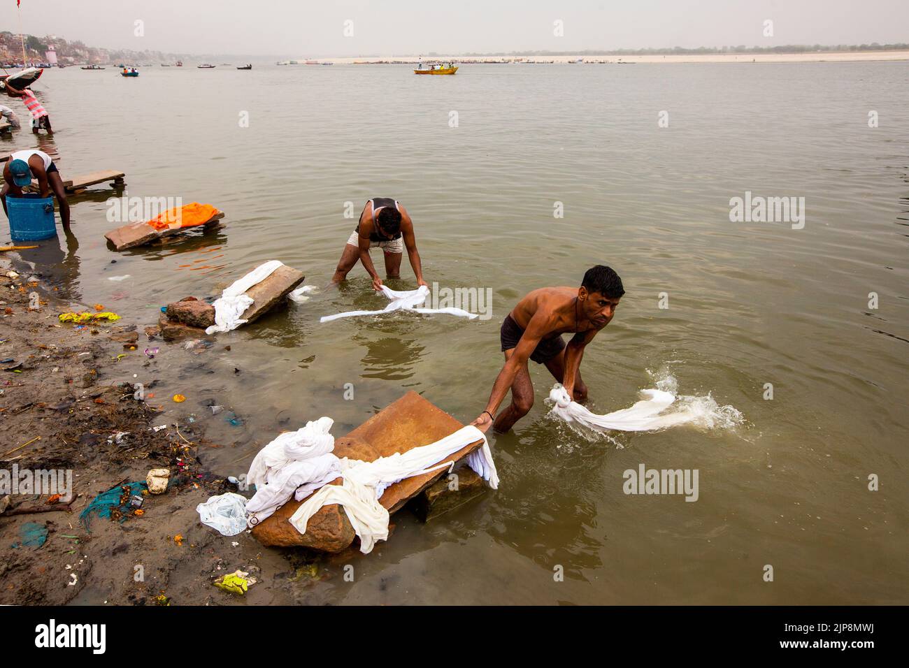 Man washing clothes in Ganga River Ganges, Varanasi, Banaras, Benaras ...