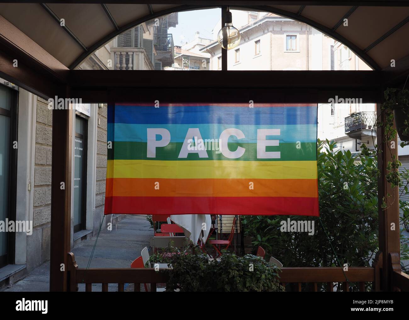 Italian pace translation peace flag in rainbow colours Stock Photo - Alamy