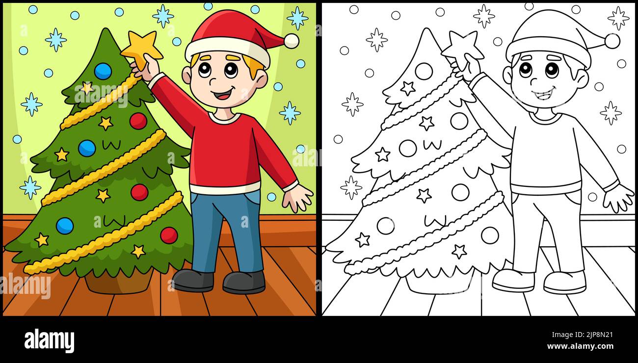 Christmas Boy And Christmas Tree Coloring Page Stock Vector Image & Art ...
