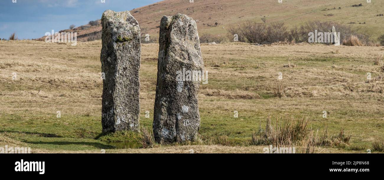A panoramic image of the two upright standing stones known as The ...