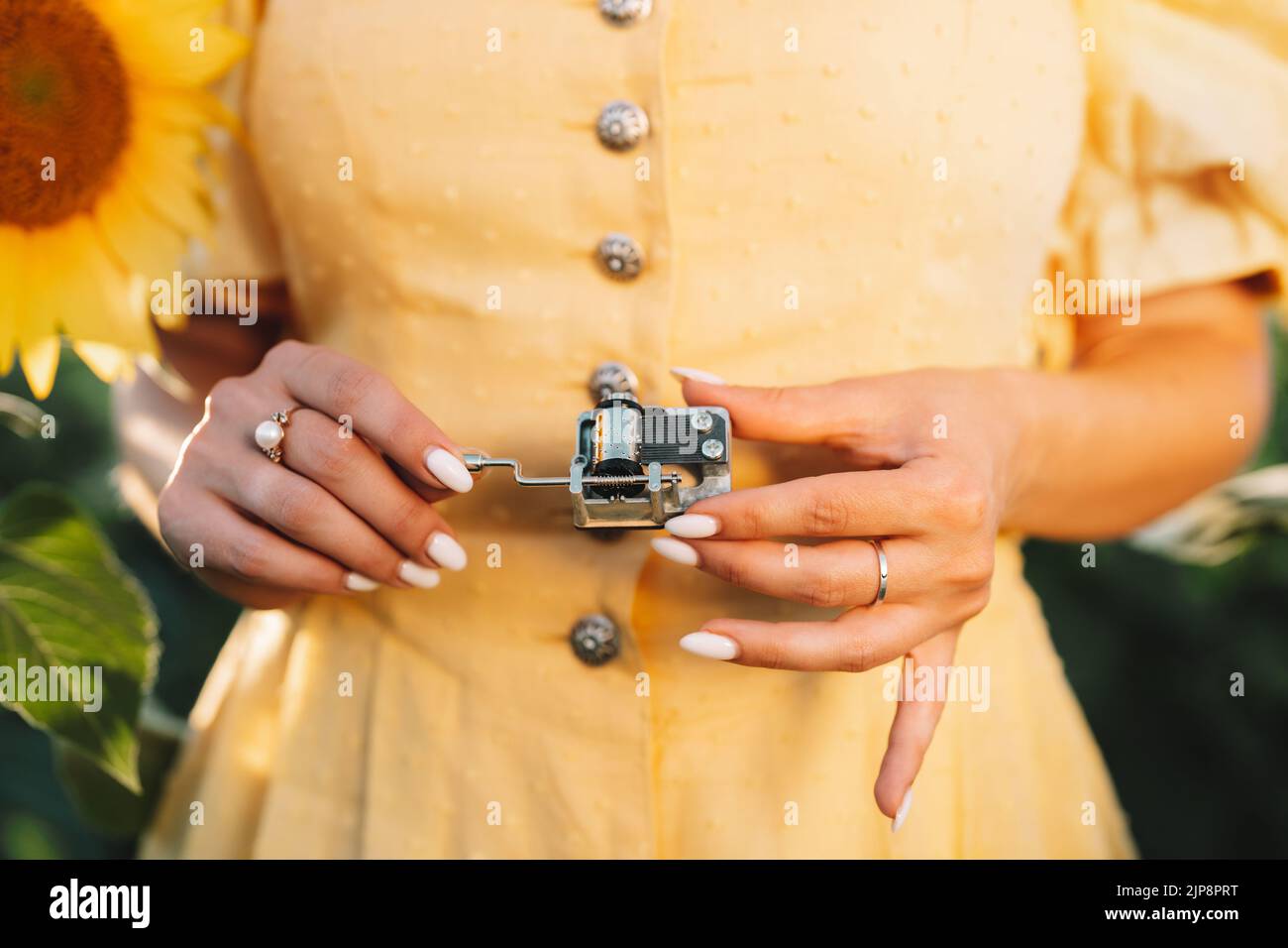 Female hands rotating gears of old music box mechanism. Lady turning ...