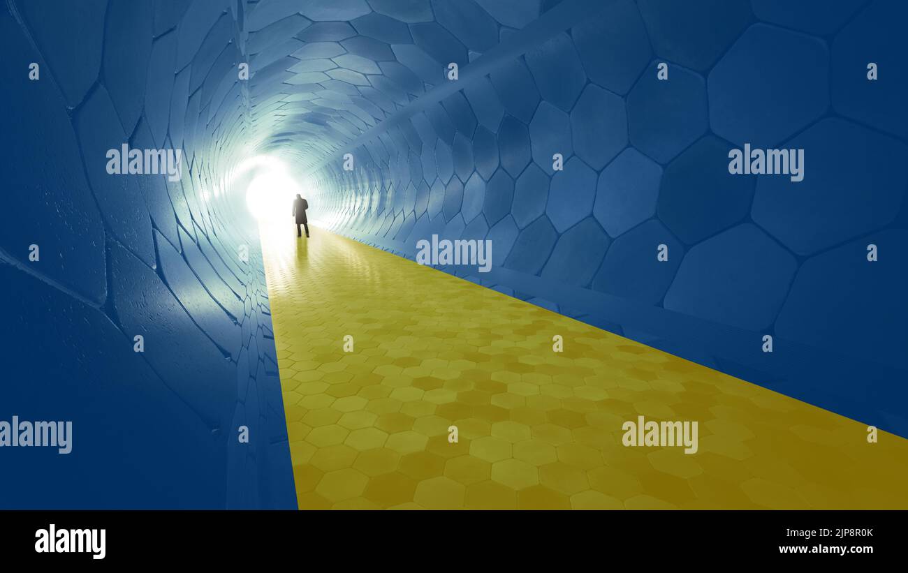 Concept or conceptual blue and yellow tunnel, the Ukrainian flag colors ...