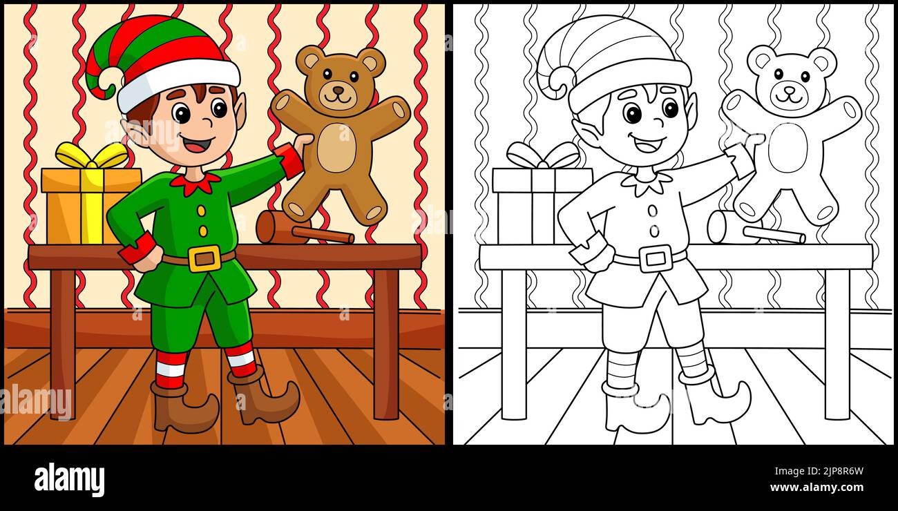 Christmas Elf Coloring Page Colored Illustration Stock Vector Image ...