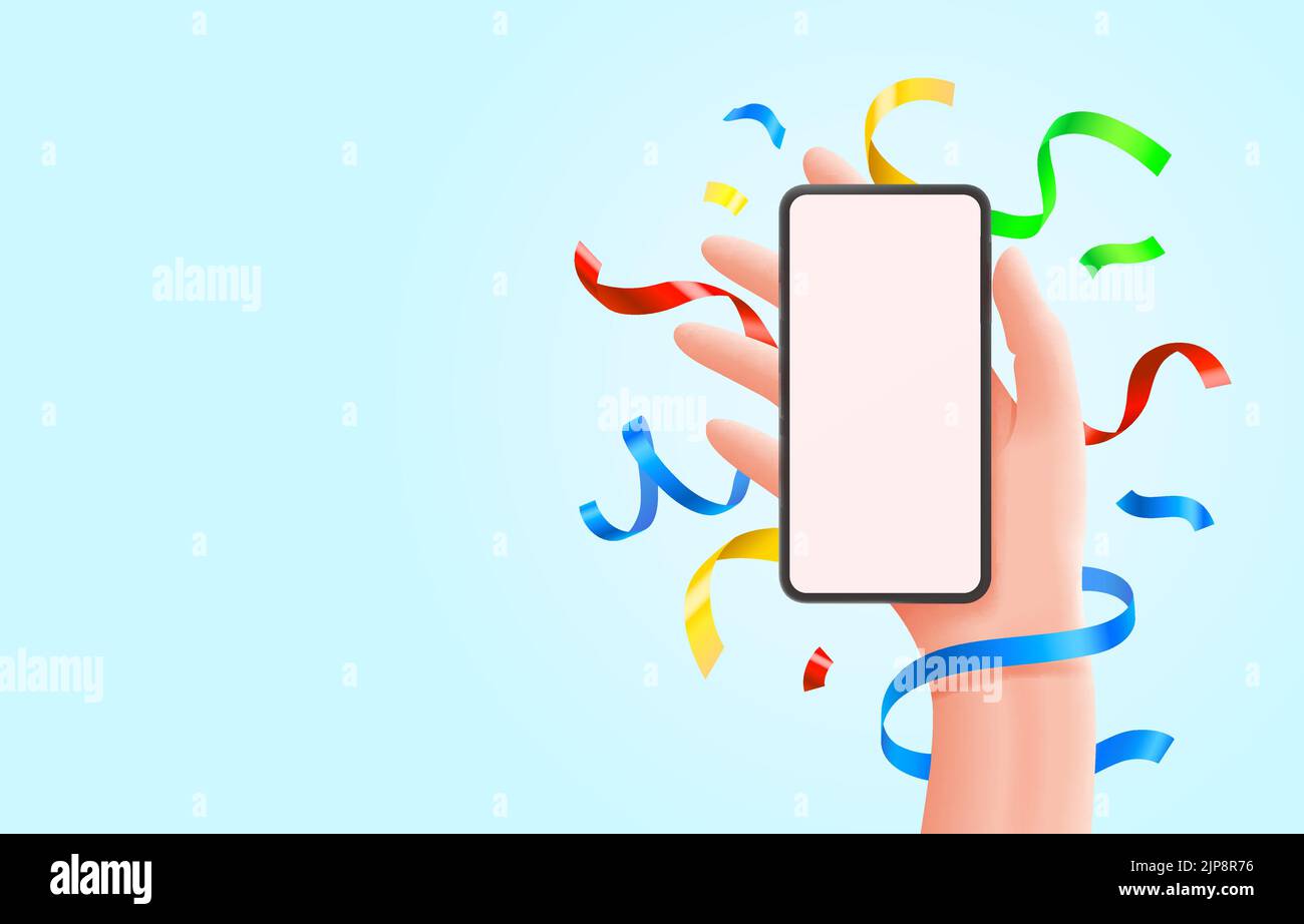 Smartphone in hand, greeting card with colored ribbons. Vector ...