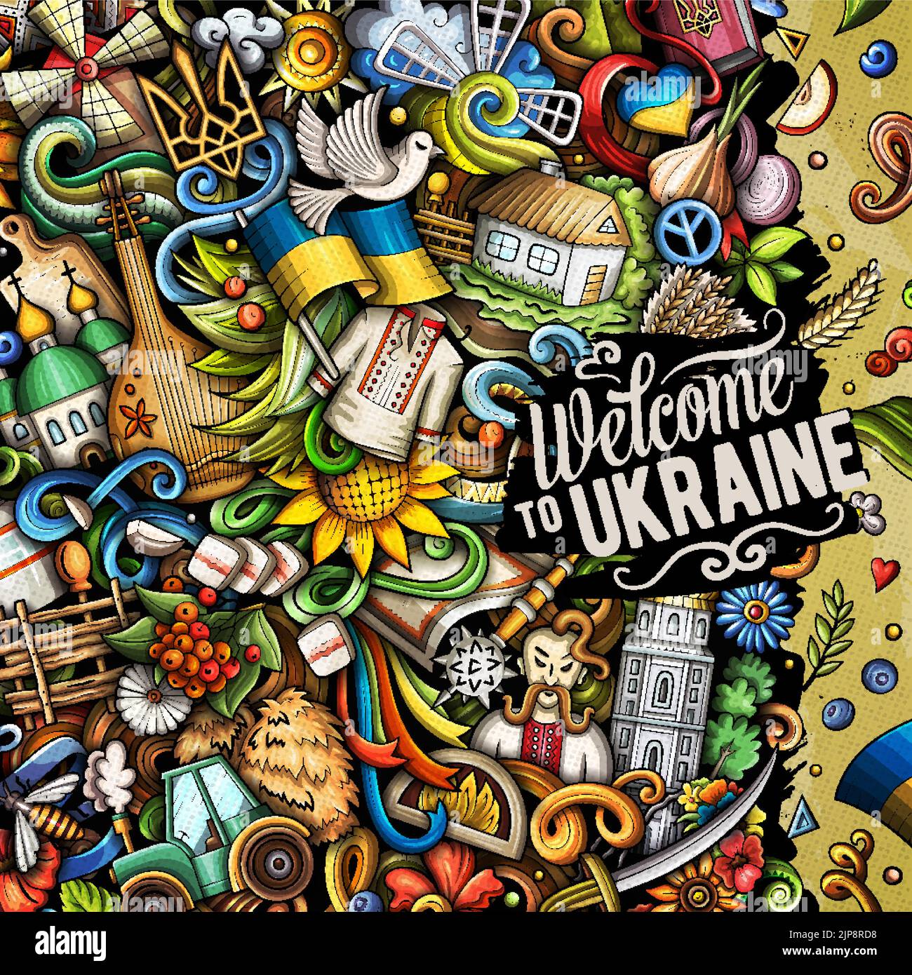 Ukraine cartoon vector doodles frame. Ukrainian symbols, elements and ...